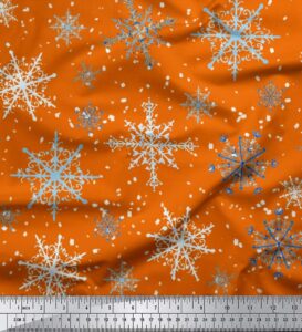 soimoi cotton cambric orange fabric - by the yard - 42 inch wide - snow flakes & star - winter whimsy with snow flakes and star stripes printed fabric