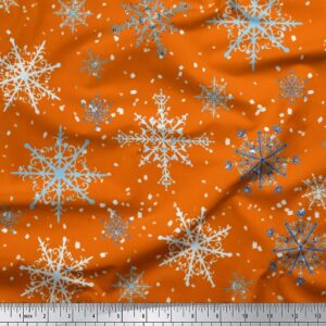 Soimoi Cotton Cambric Orange Fabric - by The Yard - 42 Inch Wide - Snow Flakes & Star - Winter Whimsy with Snow Flakes and Star Stripes Printed Fabric