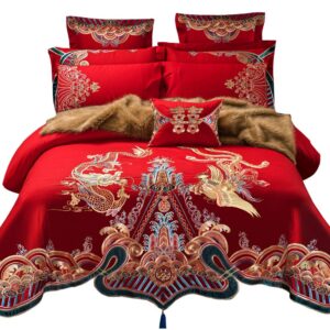 esydream luxury double happiness dragon and phoenix bird embroidery chinese wedding red bedding set king queen size 100% cotton embroider red wedding duvet bedlinen sets(color 1 king,6pc/set)