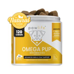 pawlife dog fish oil supplements - 120 omega 3 fish oil dog vitamins, veterinarian formulated itching relief for dogs, natural omega 3 fish oil for dogs, dog skin and coat supplement (salmon flavor)