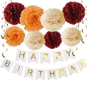 Fall Birthday Party Decorations Burgundy Champagne Orange Tissue Pom Pom Happy Birthday Banner Fall Party Decorations/30th Birthday Decorations/Burgundy Birthday Decorations