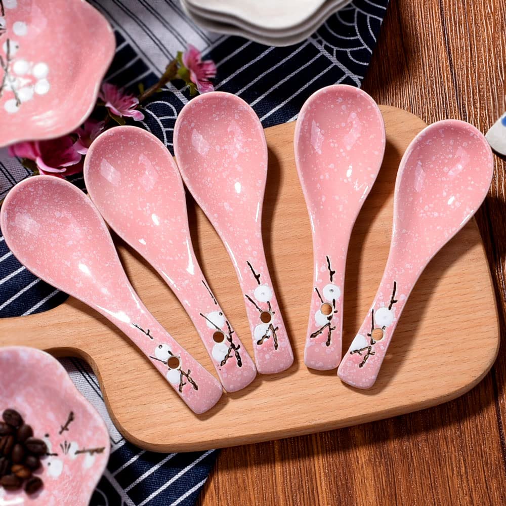 Japanese Soup Spoons Set of 5, Pink Asian Spoon Suitable for Soup, Ramen, Pho, Gravy, Cake, Oatmeal, Chaos, Dumplings,Salad