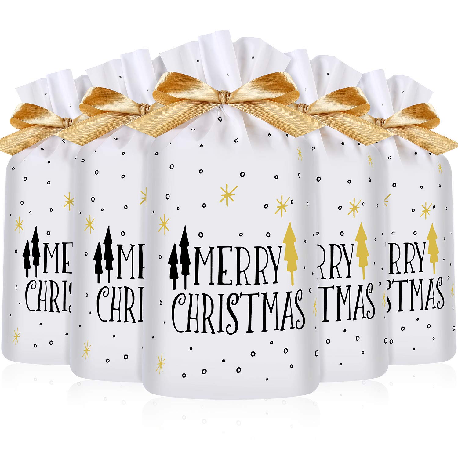 Frienda 30 Pack Treat Bags with Drawstring Candy Bags, Merry Christmas Tree Print Plastic Favor Bag Drawstring Cookie Bags for Christmas Wedding Party Birthday Engagement Holiday Favor