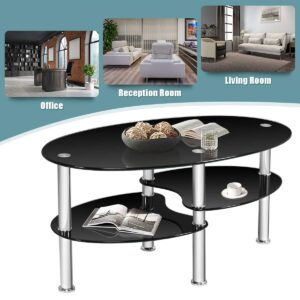 Casart Glass Coffee Table End Table 2 Tire for Home &Office with Sturdy Chrome Plated Legs Tea Table (Black)