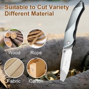 Vickay Pocket Knife for Men Pocket Folding Knives 2.95" 8Cr13MoV Steel Blade, Aluminum Handle, Liner Lock Knife with Clip, EDC Knife for Outdoor Camping, Fishing, Hunting, Tactical Gift (Silver)