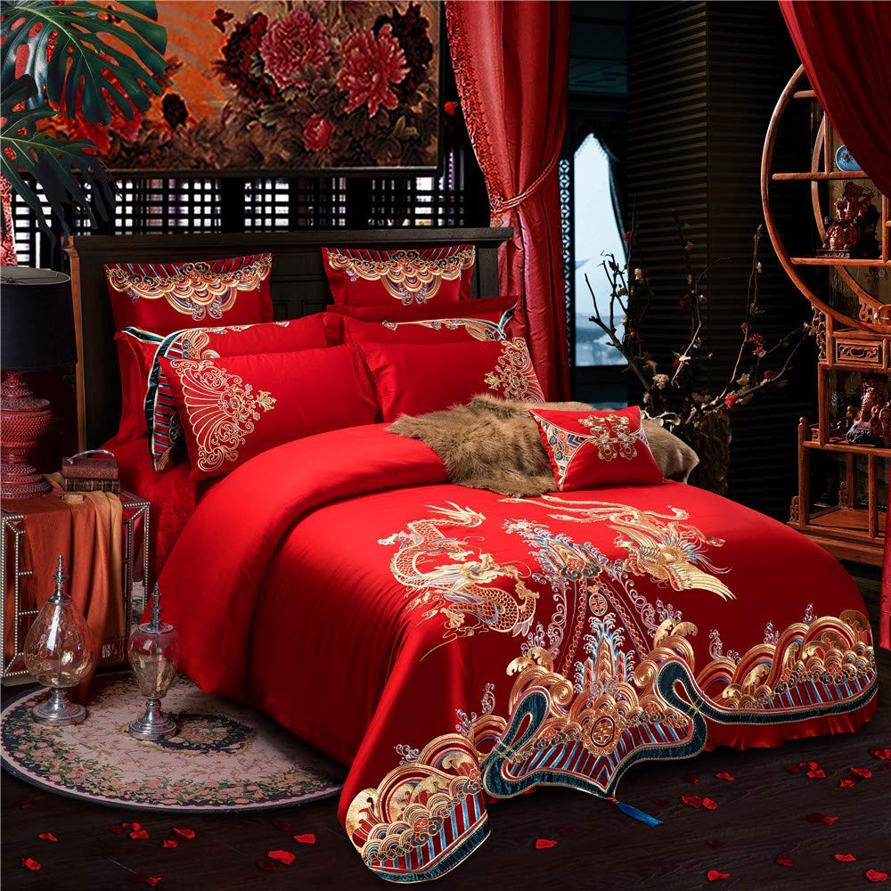 EsyDream Luxury Double Happiness Dragon and Phoenix Bird Embroidery Chinese Wedding Red Bedding Set King Queen Size 100% Cotton Embroider Red Wedding Duvet Bedlinen Sets(Color 1 King,6PC/Set)