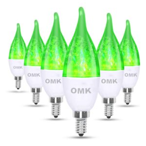 omk 6 pack green led christmas flame effect light bulb decorations e12 base candelabra light bulbs, warm white led bulbs, non-dimmable candle light bulbs for party holiday decor gifts