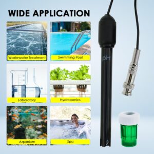 0-14 pH Electrode Probe, pH Meter with Replacement BNC Connector and 300cm Cable Sensor for ph Monitor Controller Tester Meter Kit Set for Aquarium Hydroponics Plant Pool Spa