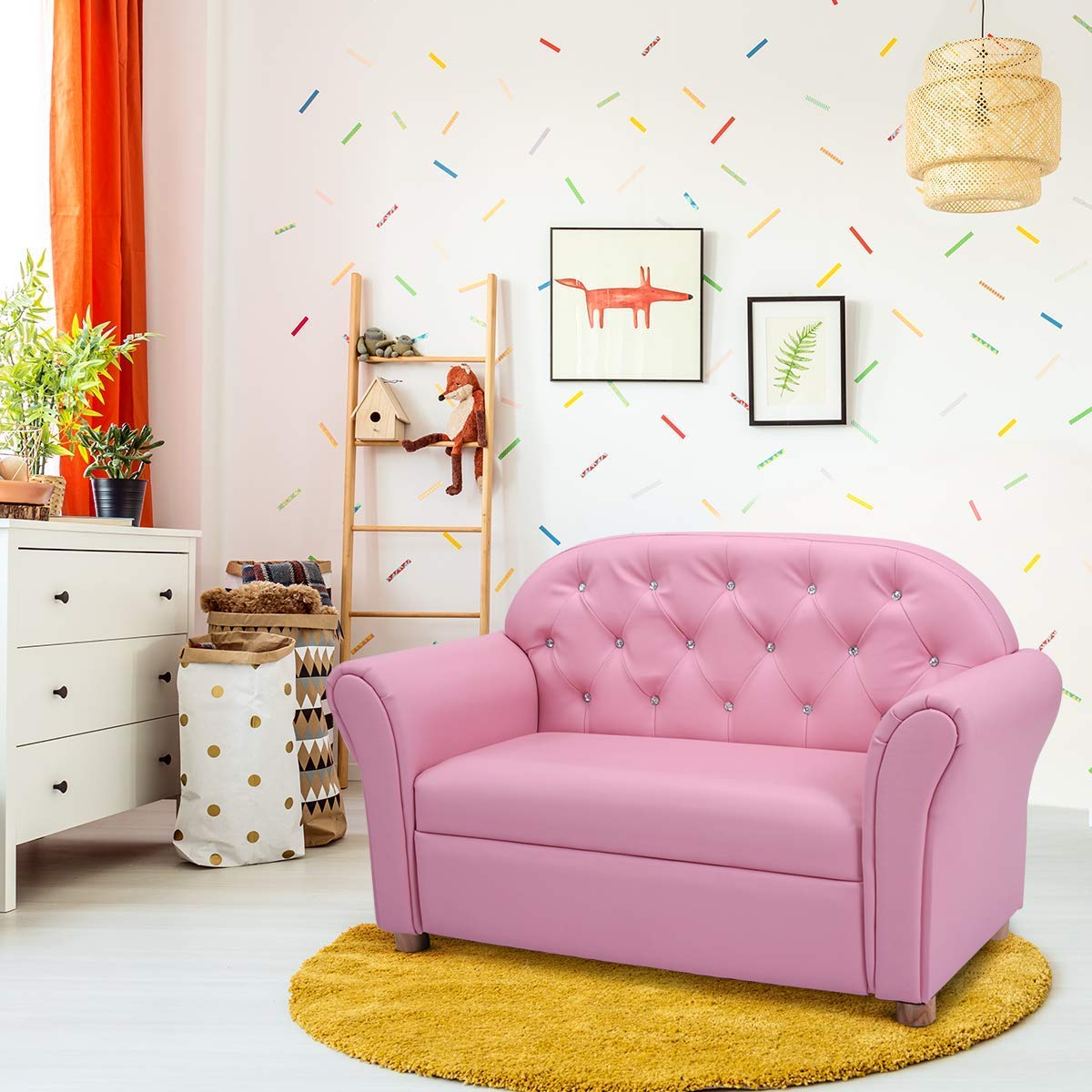 HONEY JOY Kids Sofa, 2 Seat Touch Couch Lounger Chair, Cute Gem Studs, Children Comfy Loveseat Sofa Bed for Playroom Daycare Furniture, Mini Double Foam Play Couch for Princess Girls, Pink