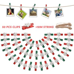 papasgix 50 Pieces Mini Christmas Clothes Pin, Snowflake Wooden Christmas Clips, Small Christmas Clothespin for Photos Pictures Cards DIY Crafts Holiday Decor(Red)