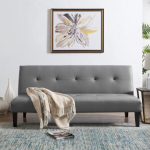 naomi home gray faux leather futon sofa bed, modern convertible sofa with wooden legs, reclining small couch bed, durable and sturdy, 66'd x 32'w x 31'h