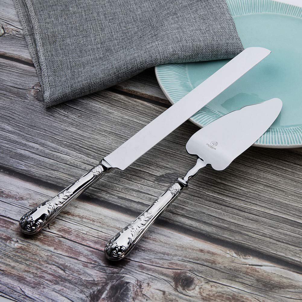 OTW PAVILION 2 Piece Wedding Cake Server Set,18/10 Stainless Steel Dessert Set Pie Server Cake Cutter Knife for Birthday,Anniversary,Holiday,Baby Shower,Party (Versailles, Stainless steel-V)