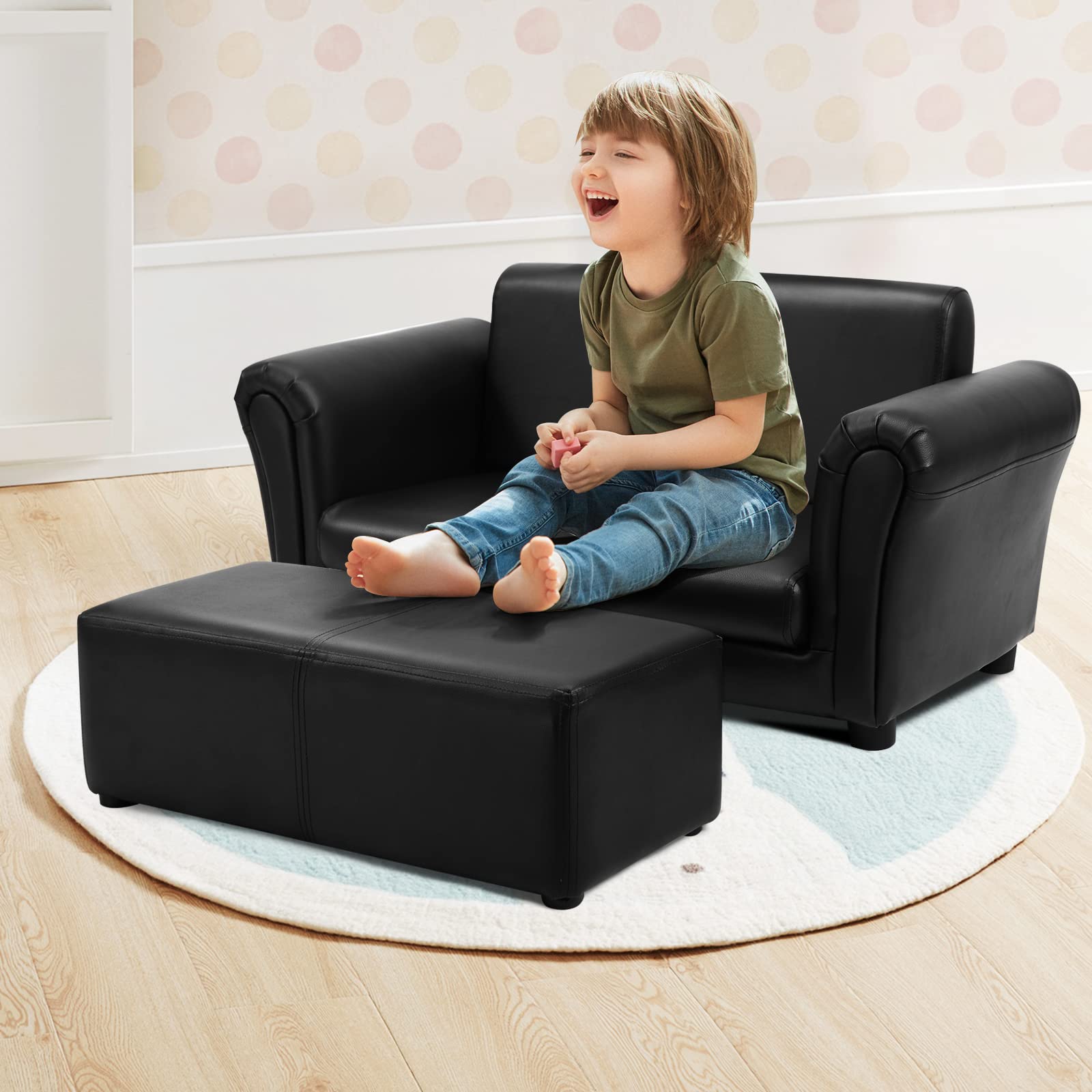 HONEY JOY Kids Sofa, 2 Seat Toddler Couch Lounge Bed with Ottoman, Sturdy Wood Construction, Children PU Leather Upholstered Loveseat Armrest Chair for Bedroom Living Room, Double Seat w/Stool (Black)