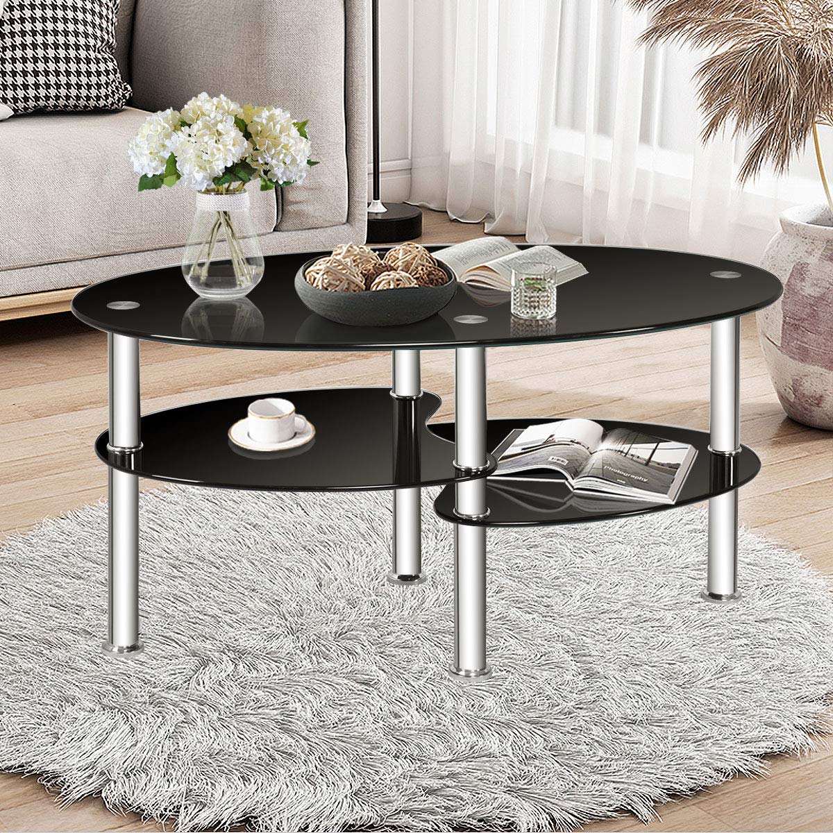 Casart Glass Coffee Table End Table 2 Tire for Home &Office with Sturdy Chrome Plated Legs Tea Table (Black)