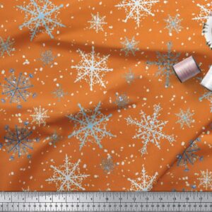 Soimoi Cotton Cambric Orange Fabric - by The Yard - 42 Inch Wide - Snow Flakes & Star - Winter Whimsy with Snow Flakes and Star Stripes Printed Fabric