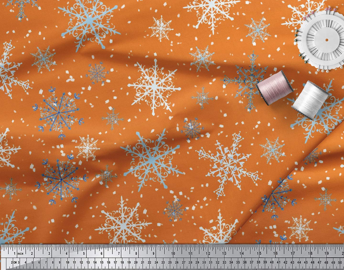 Soimoi Cotton Cambric Orange Fabric - by The Yard - 42 Inch Wide - Snow Flakes & Star - Winter Whimsy with Snow Flakes and Star Stripes Printed Fabric