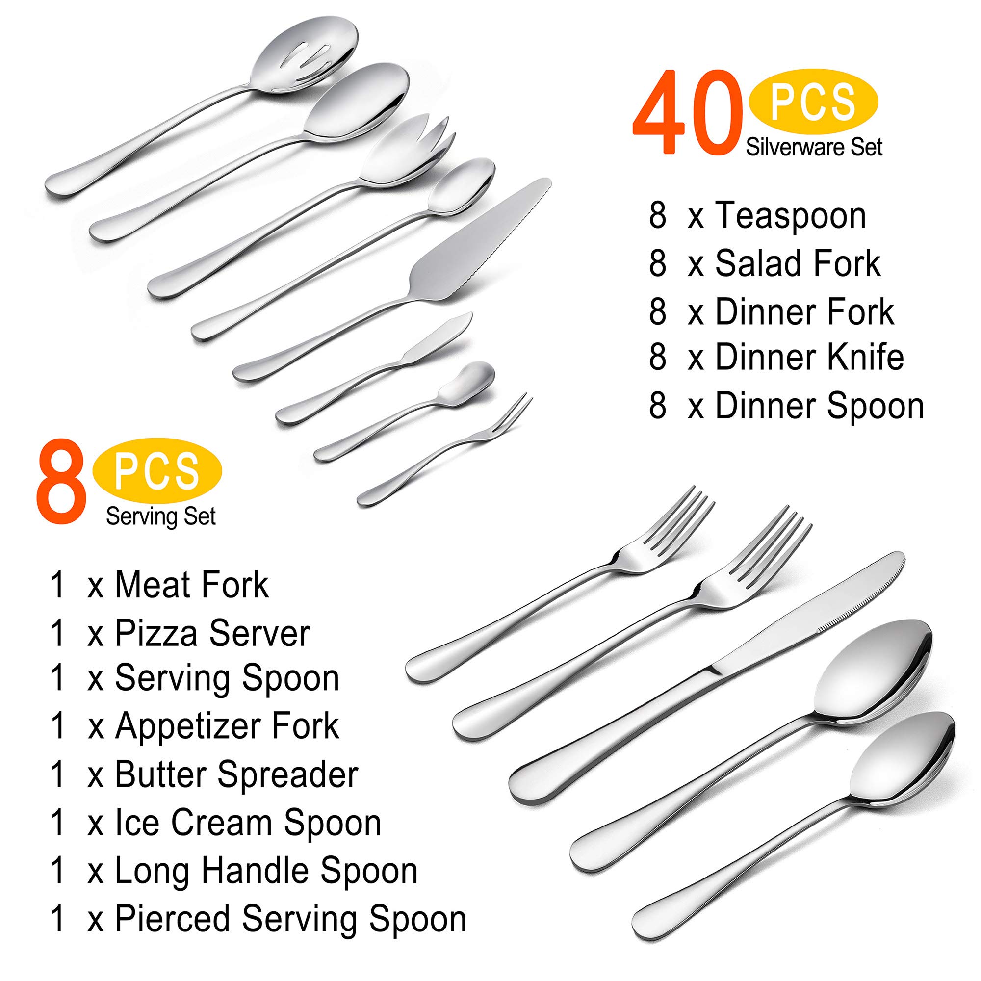 Silverware Set with Serving Pieces, LIANYU 48-Piece Flatware Set Service for 8, Stainless Steel Cutlery Eating Utensils, Mirror Finish, Dishwasher Safe