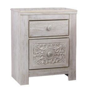 Signature Design by Ashley Paxberry Boho 2 Drawer Nightstand with 2 Slim-Profile USB Charging Ports, 29.21" Tall, Whitewash