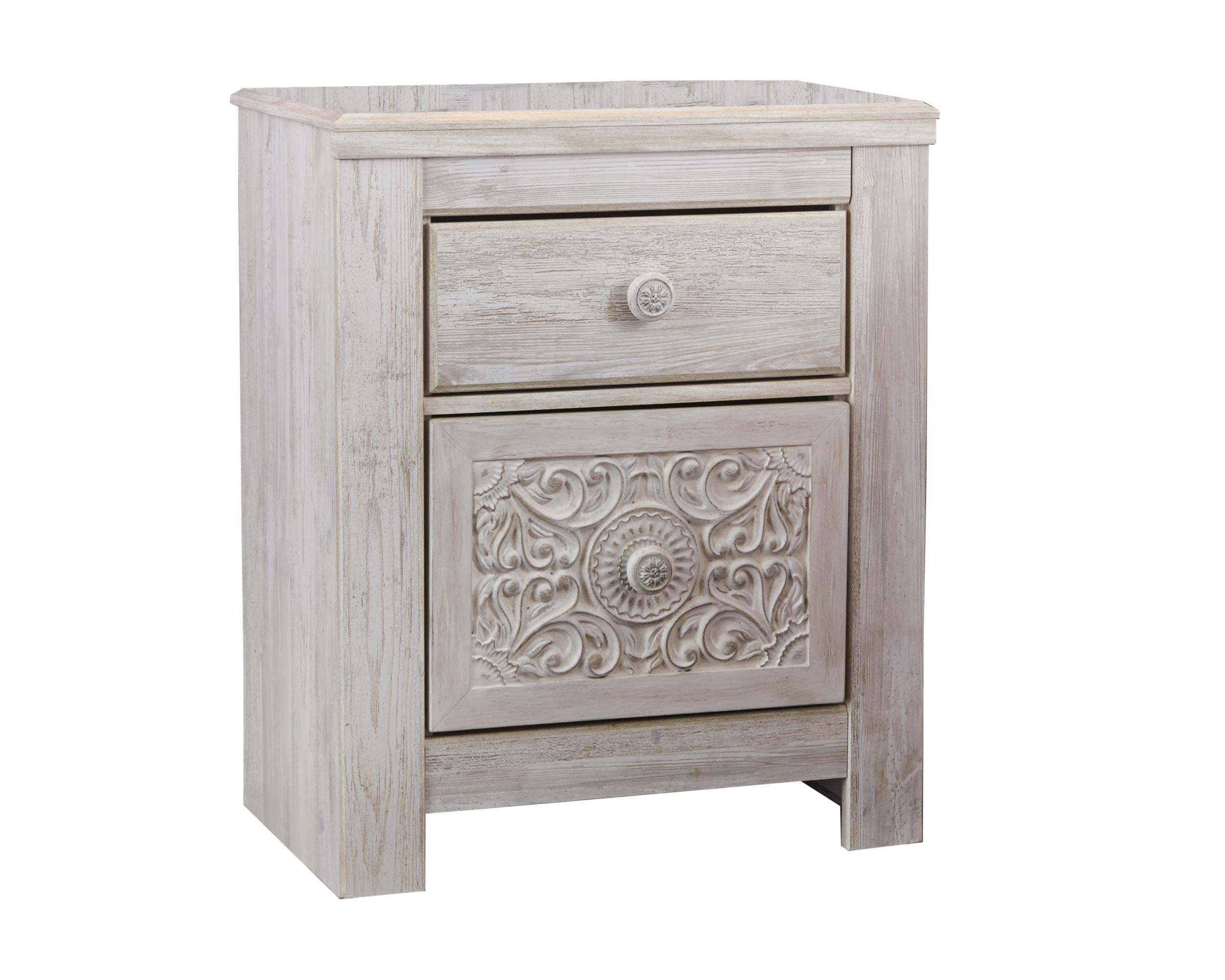 Signature Design by Ashley Paxberry Boho 2 Drawer Nightstand with 2 Slim-Profile USB Charging Ports, 29.21" Tall, Whitewash