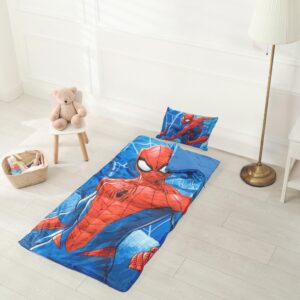 Jay Franco Marvel Spiderman 3 Piece Sleepover Set - Cozy & Warm Kids Slumber Bag with Pillow & Eye Mask (Official Marvel Product)