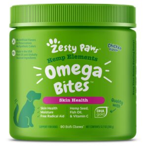 zesty paws skin & coat bites for dogs – fish oil soft chews with omega-3 fatty acids epa & dha - skin, coat, antioxidant & immune support - hemp - 90 count