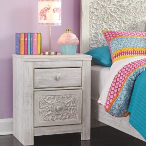 Signature Design by Ashley Paxberry Boho 2 Drawer Nightstand with 2 Slim-Profile USB Charging Ports, 29.21" Tall, Whitewash