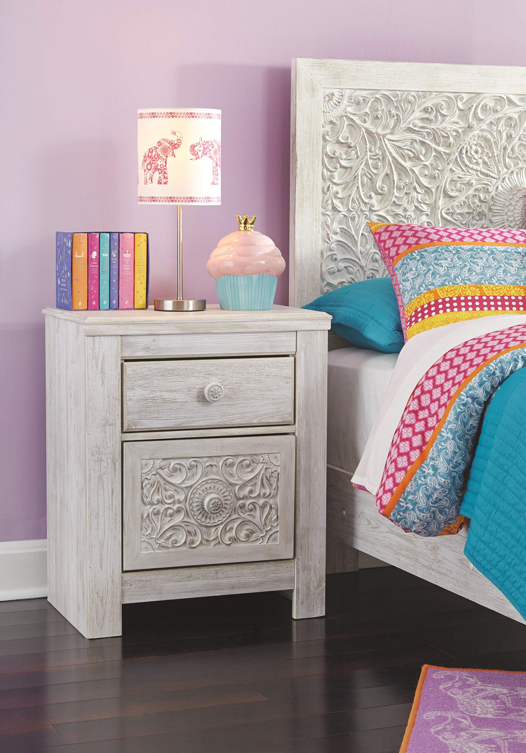 Signature Design by Ashley Paxberry Boho 2 Drawer Nightstand with 2 Slim-Profile USB Charging Ports, 29.21" Tall, Whitewash