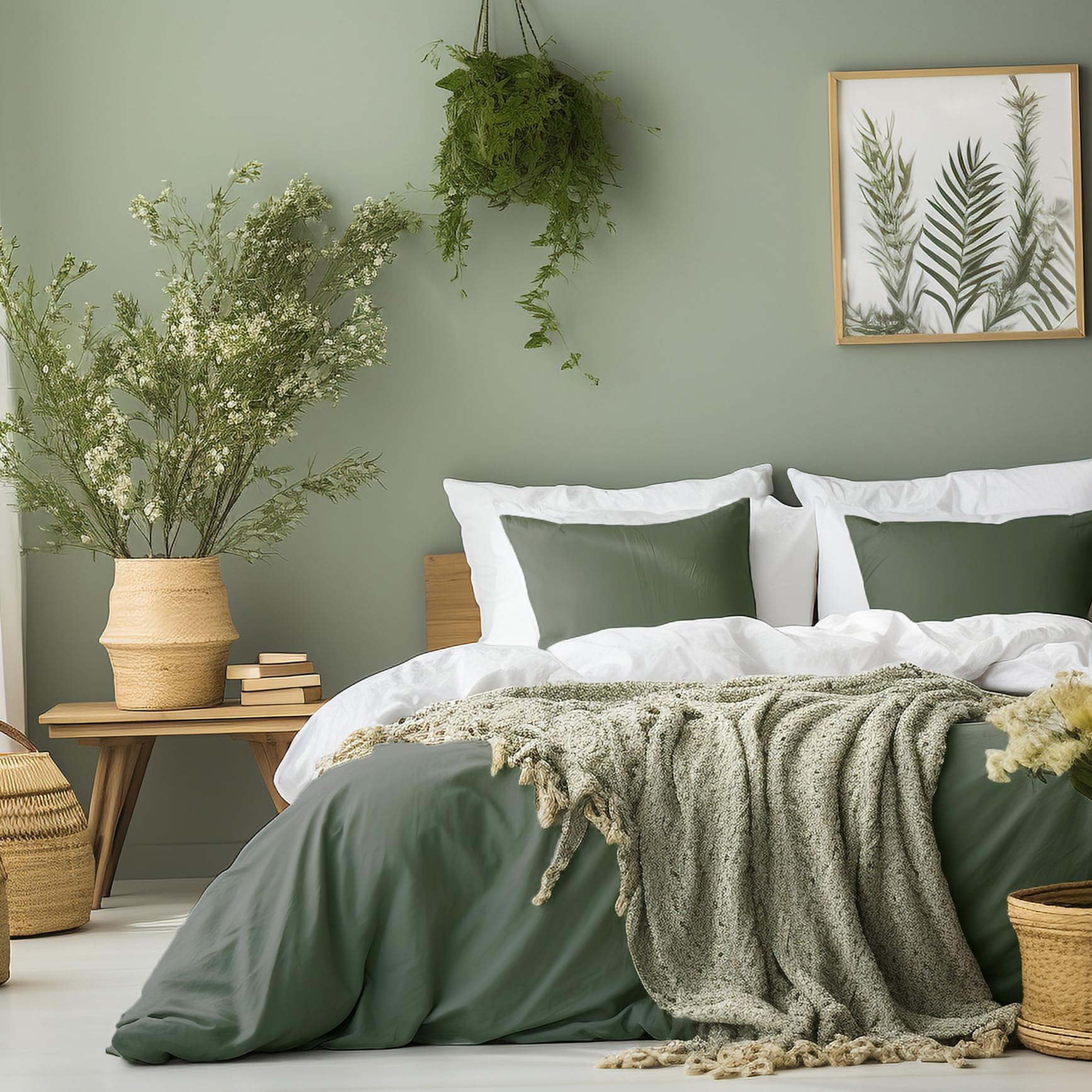 MKXI Olive Green Shabby Chic Duvet Cover Queen Textured Linen Look Soft Prewashed Cotton Bedding Set 1 Duvet Cover 90x90 Inches with Zipper and 2 Pillowcases