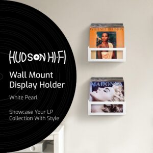 Hudson Hi-Fi Vinyl Display Holder - 2 Pack Record Display Shelf - Solid Steel Vinyl Wall Mount & Record Display, Quick Access Vinyl Record Wall Mount - Vinyl Record Shelf, Fits 25 LPs, White Pearl