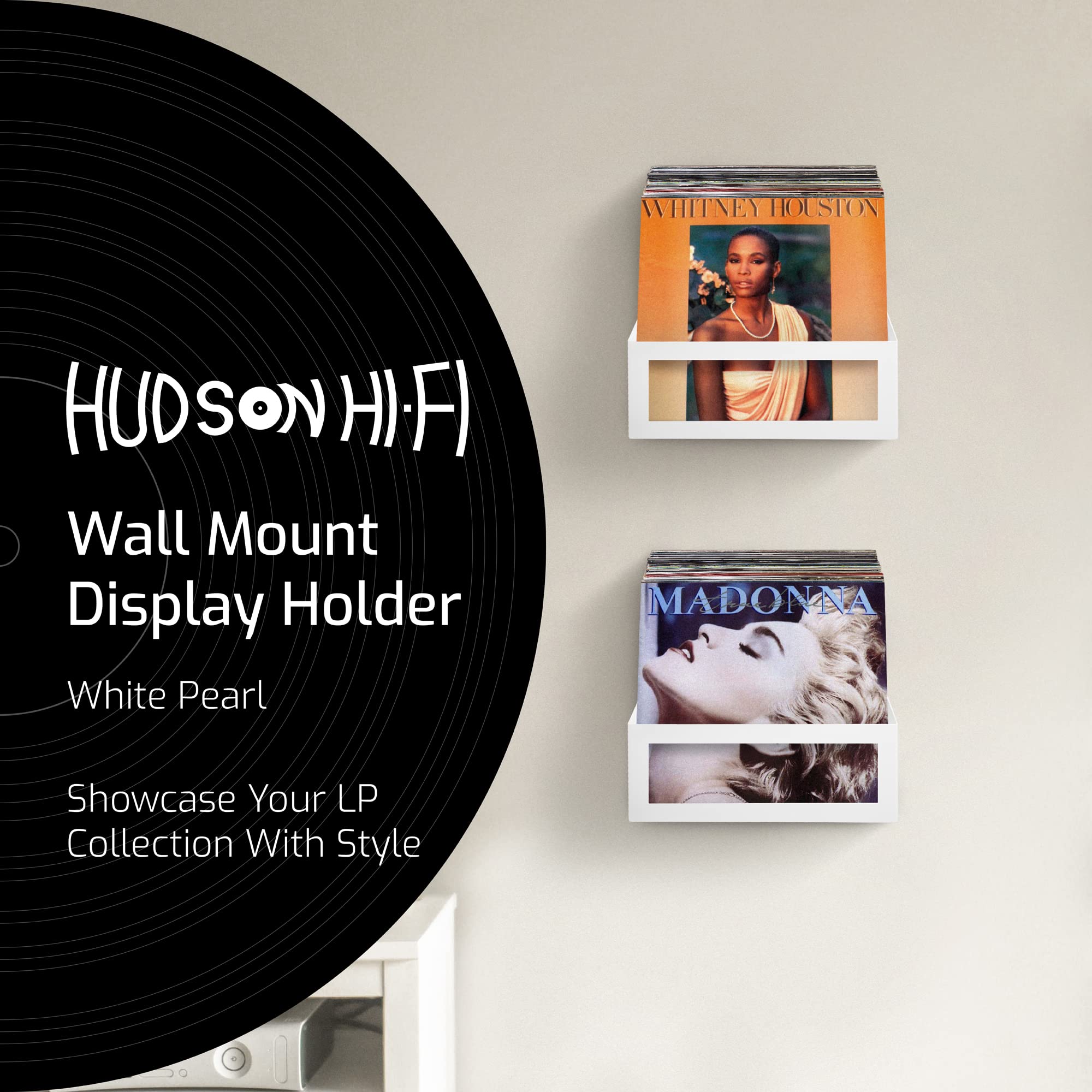 Hudson Hi-Fi Vinyl Display Holder - 2 Pack Record Display Shelf - Solid Steel Vinyl Wall Mount & Record Display, Quick Access Vinyl Record Wall Mount - Vinyl Record Shelf, Fits 25 LPs, White Pearl