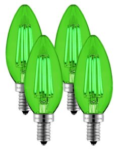 sleeklighting 5watt e12 led filament candelabra green light bulb, (60w incandescent replacement) chandelier torpedo tip, clear glass cover e12 base 4 pack