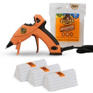 gorilla dual temp mini hot glue gun kit with 75 hot glue sticks, precision nozzle, and easy squeeze trigger, for diy, craft, repairs, and more, orange (combo pack:1 mini gun, 75 glue sticks)