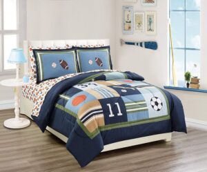 elegant home multicolor sports basketball baseball soccer football design 7 piece queen size comforter bedding set for boys/kids bed in a bag with sheet set # sports navy (queen size)