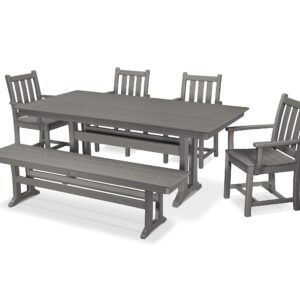 Polywood Traditional Garden 6-Piece Farmhouse Dining Set with Bench (Slate Grey)