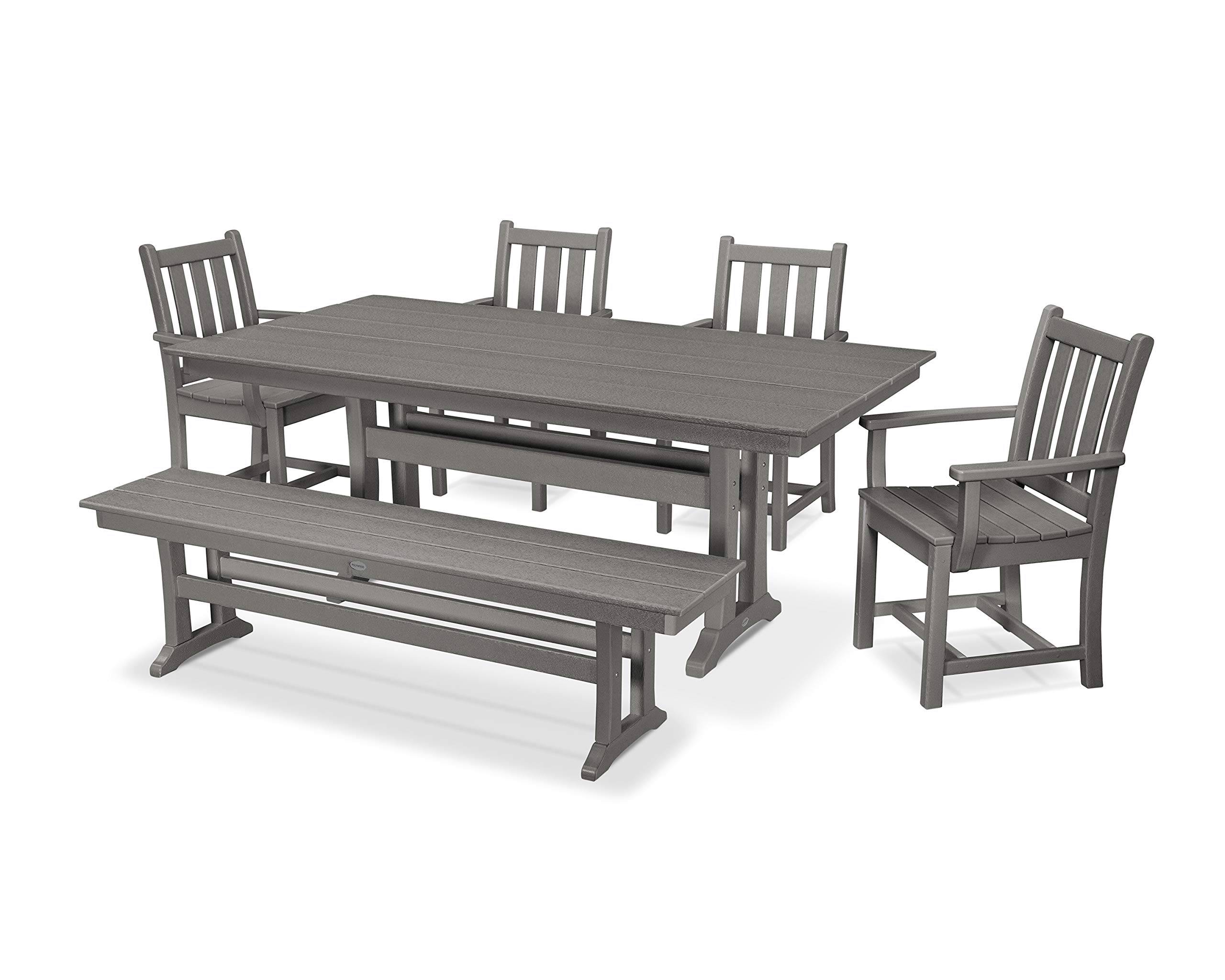 Polywood Traditional Garden 6-Piece Farmhouse Dining Set with Bench (Slate Grey)