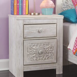 Signature Design by Ashley Paxberry Boho 2 Drawer Nightstand with 2 Slim-Profile USB Charging Ports, 29.21" Tall, Whitewash