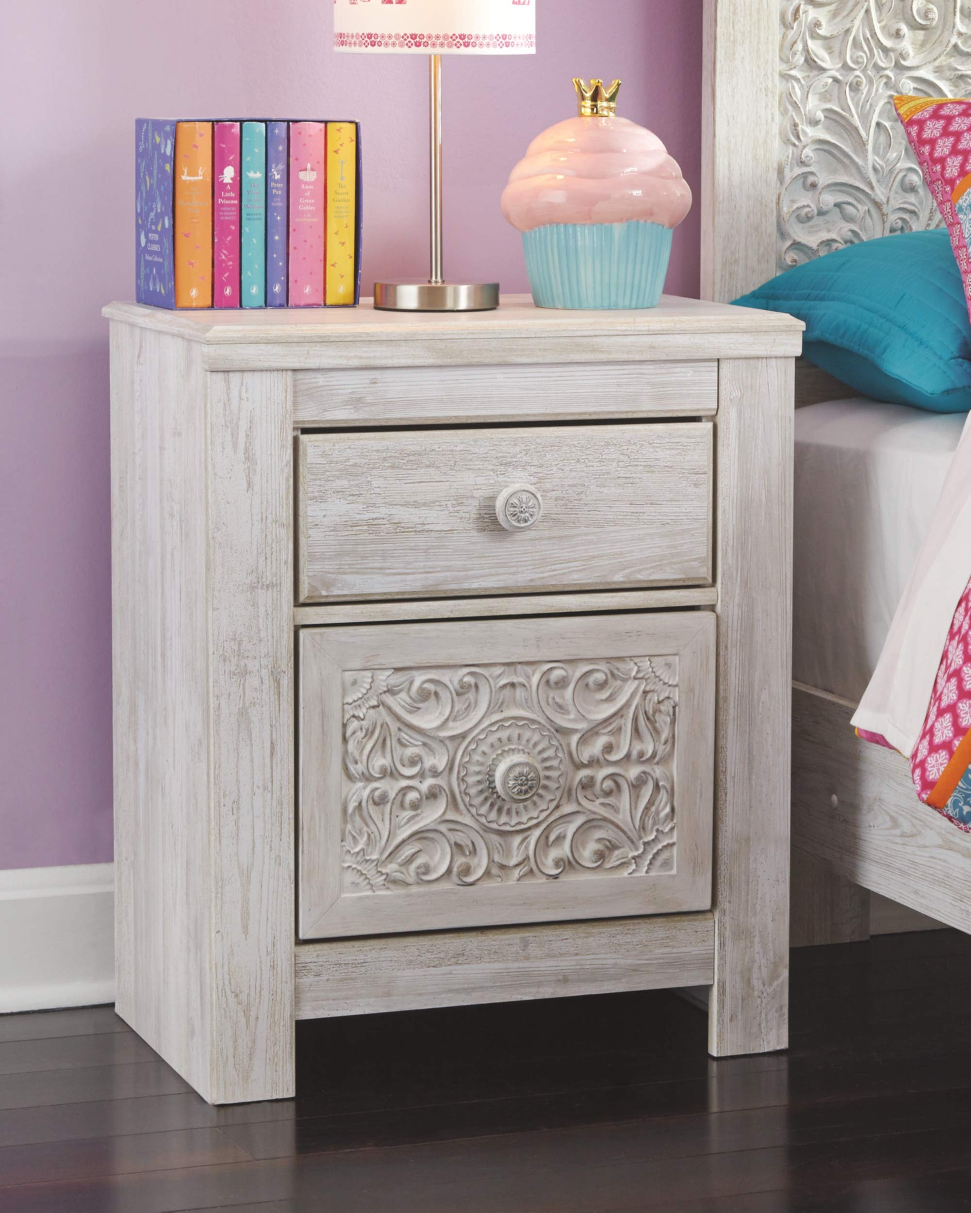 Signature Design by Ashley Paxberry Boho 2 Drawer Nightstand with 2 Slim-Profile USB Charging Ports, 29.21" Tall, Whitewash