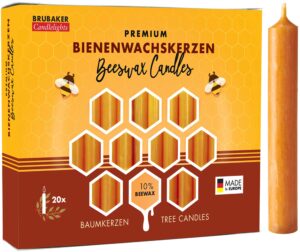 brubaker 10% beeswax tree candles - pack of 20 - honey colored - 3¾ x ½ inch (9.5 x 1.27cm) - made in europe - pyramids, carousels & chimes