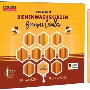 BRUBAKER 10% Beeswax Tree Candles - Pack of 20 - Honey Colored - 3¾ x ½ Inch (9.5 x 1.27cm) - Made in Europe - Pyramids, Carousels & Chimes