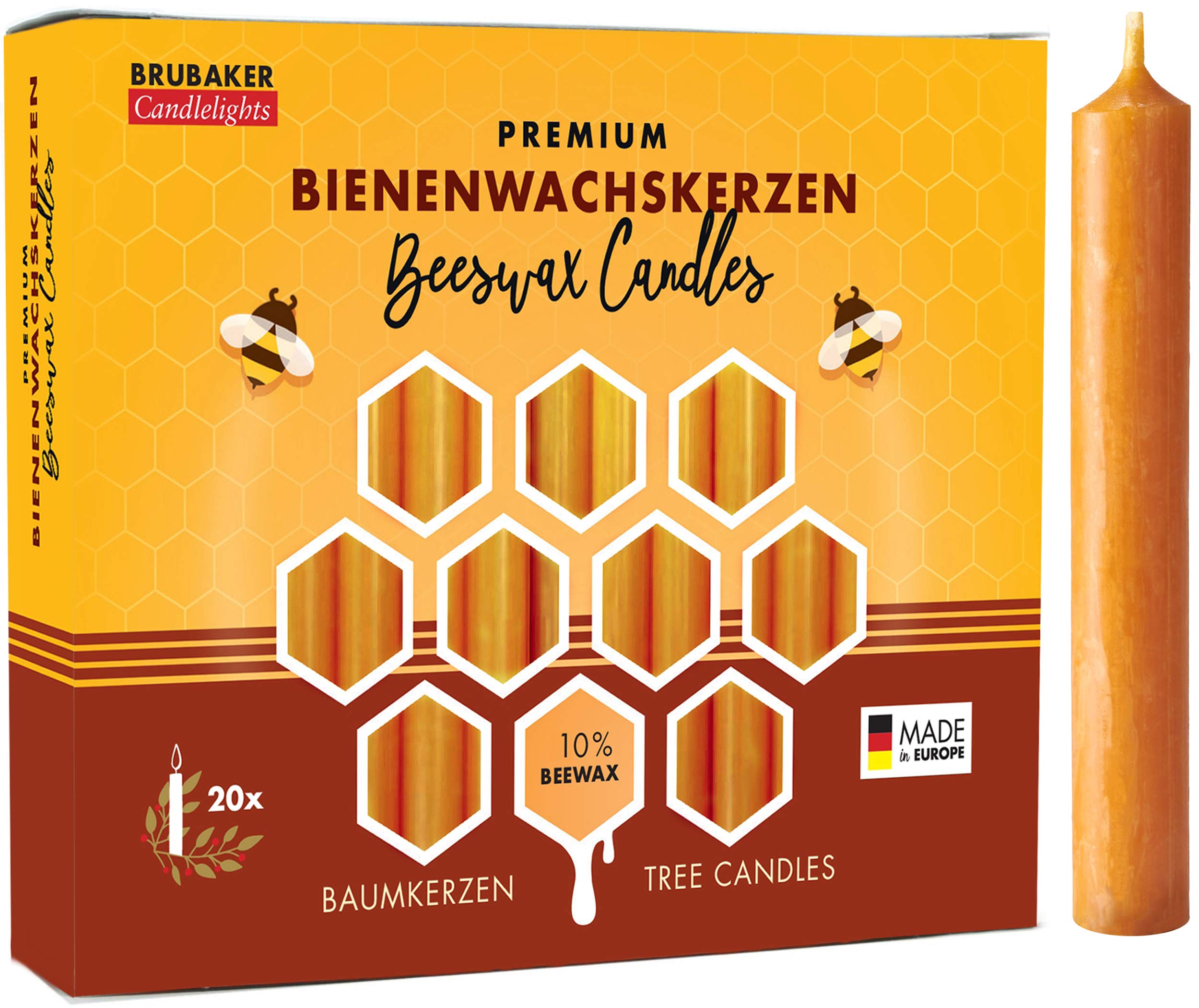 BRUBAKER 10% Beeswax Tree Candles - Pack of 20 - Honey Colored - 3¾ x ½ Inch (9.5 x 1.27cm) - Made in Europe - Pyramids, Carousels & Chimes