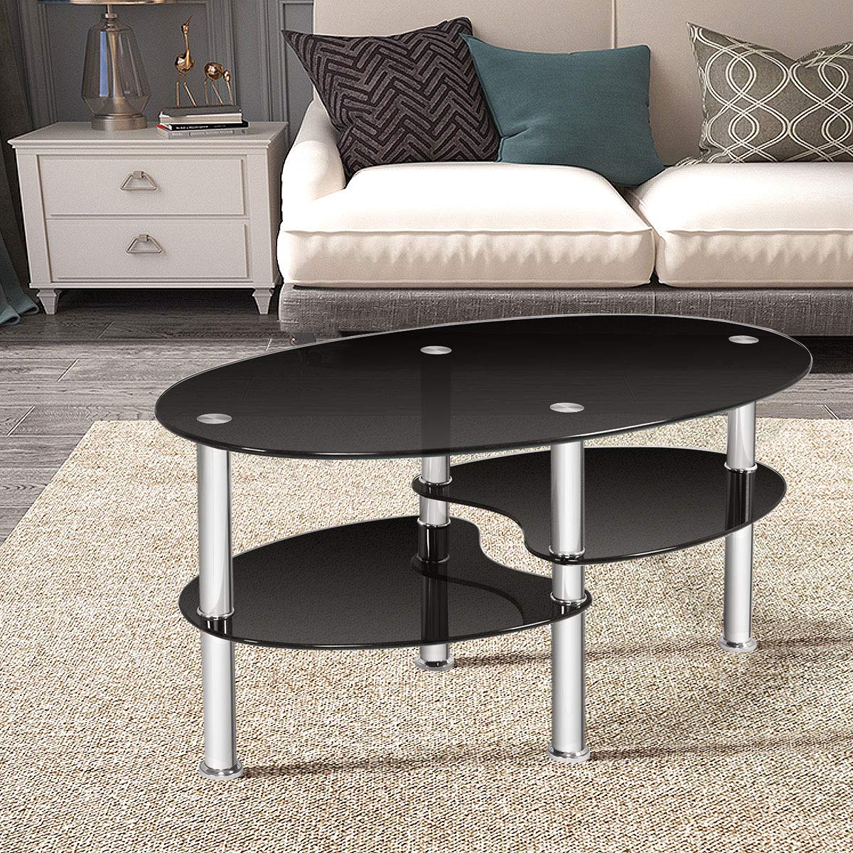 Casart Glass Coffee Table End Table 2 Tire for Home &Office with Sturdy Chrome Plated Legs Tea Table (Black)