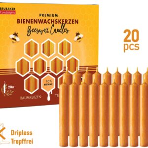 BRUBAKER 10% Beeswax Tree Candles - Pack of 20 - Honey Colored - 3¾ x ½ Inch (9.5 x 1.27cm) - Made in Europe - Pyramids, Carousels & Chimes