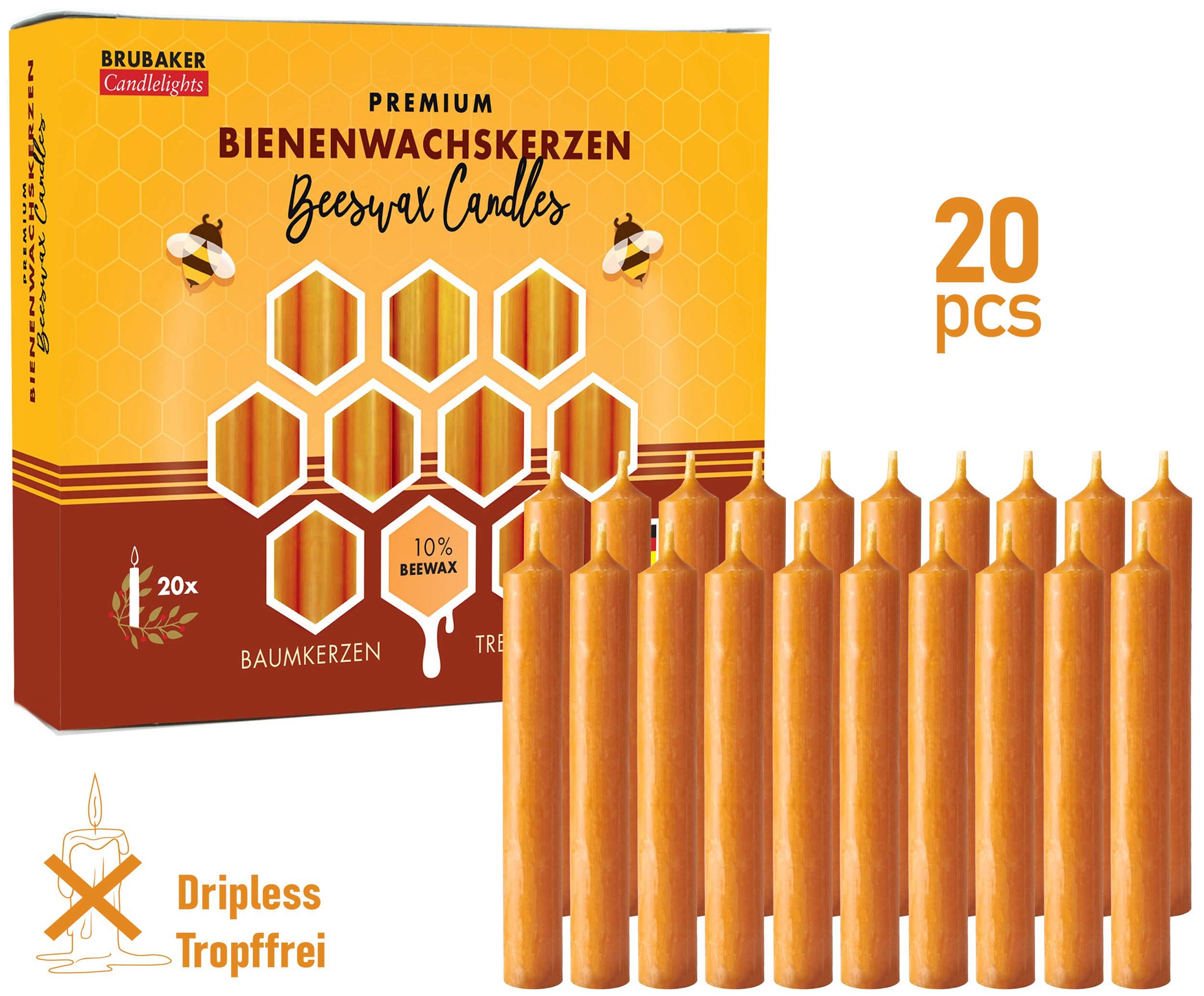 BRUBAKER 10% Beeswax Tree Candles - Pack of 20 - Honey Colored - 3¾ x ½ Inch (9.5 x 1.27cm) - Made in Europe - Pyramids, Carousels & Chimes