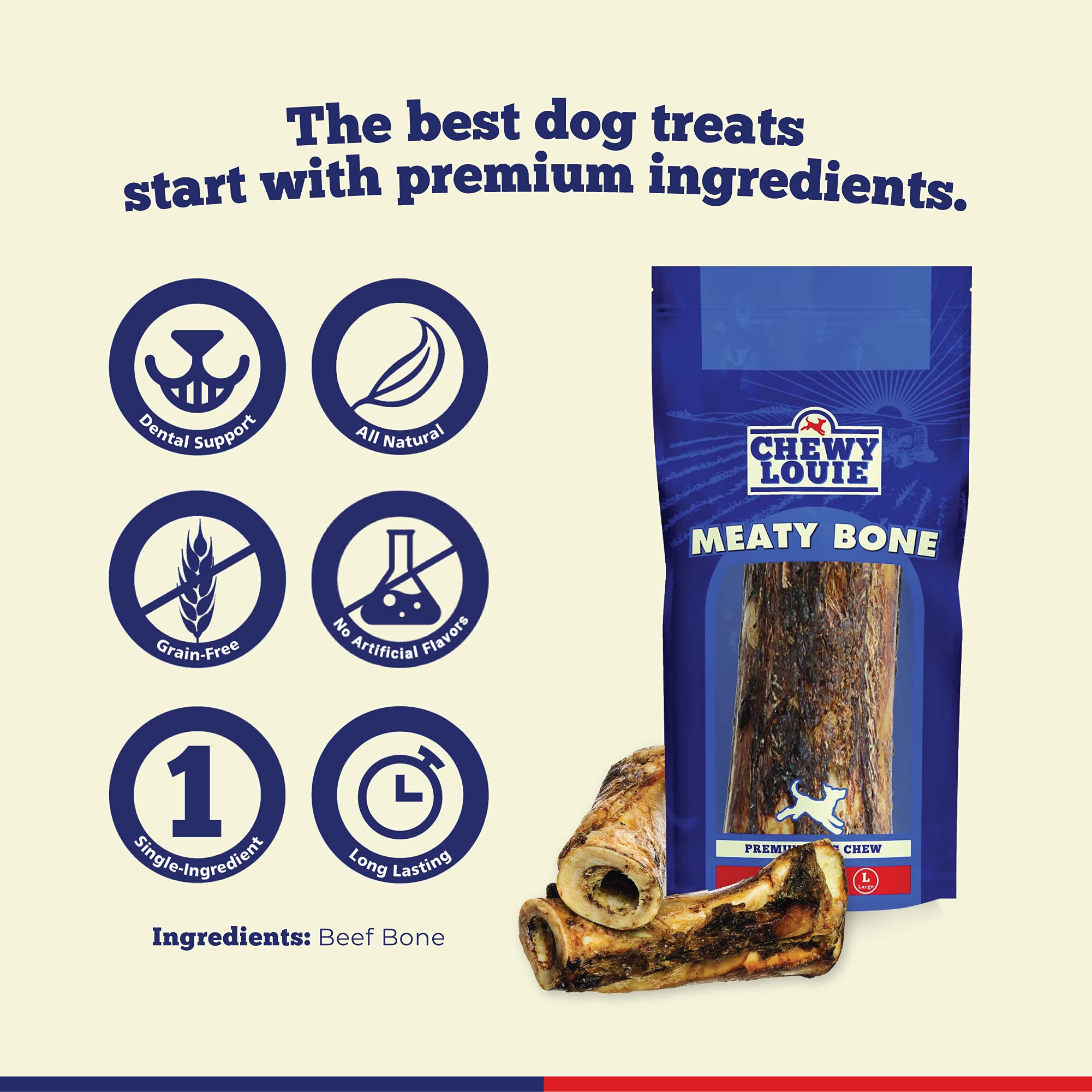 CHEWY LOUIE Large Meaty Bone 3pk - One Ingredient, Flavor Packed for Picky Eaters, All Natural, No Artificial Flavors or Chemicals, Long-Lasting, Superior Dental Support Dog Treats.