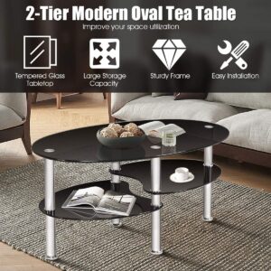 Casart Glass Coffee Table End Table 2 Tire for Home &Office with Sturdy Chrome Plated Legs Tea Table (Black)