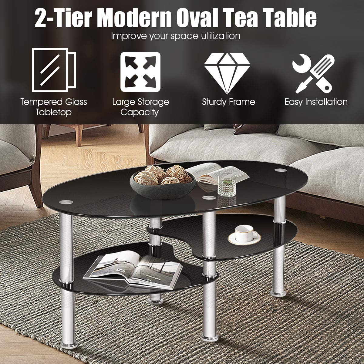 Casart Glass Coffee Table End Table 2 Tire for Home &Office with Sturdy Chrome Plated Legs Tea Table (Black)