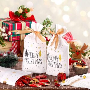 Frienda 30 Pack Treat Bags with Drawstring Candy Bags, Merry Christmas Tree Print Plastic Favor Bag Drawstring Cookie Bags for Christmas Wedding Party Birthday Engagement Holiday Favor