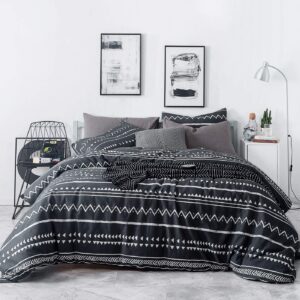 SUSYBAO Boho Geometric Duvet Cover Queen 100% Cotton Black and White Duvet Cover 3 Pcs Set 1 Southwestern Bohemian Aztec Duvet Cover with Zipper Ties 2 Pillowcases Soft White Striped Bedding