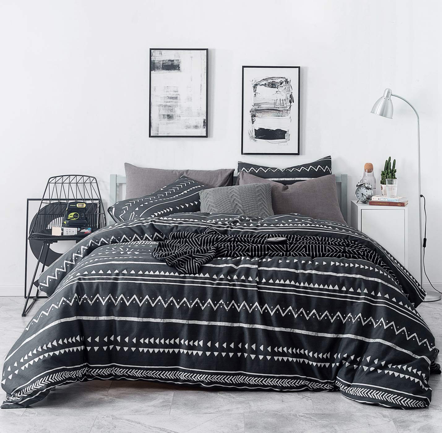 SUSYBAO Boho Geometric Duvet Cover Queen 100% Cotton Black and White Duvet Cover 3 Pcs Set 1 Southwestern Bohemian Aztec Duvet Cover with Zipper Ties 2 Pillowcases Soft White Striped Bedding