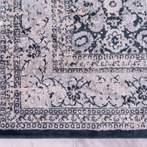 Unique Loom Leila Collection Distressed, Traditional, Vintage, Border, High-Low Pile, Botanical Area Rug, 8' 0 x 8' 0 Square, Navy Blue/Ivory